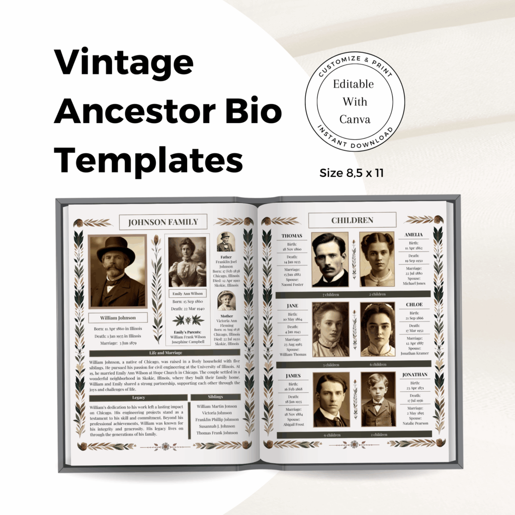 Vintage Ancestor Biography Canva Template Set - Genealogy By Design