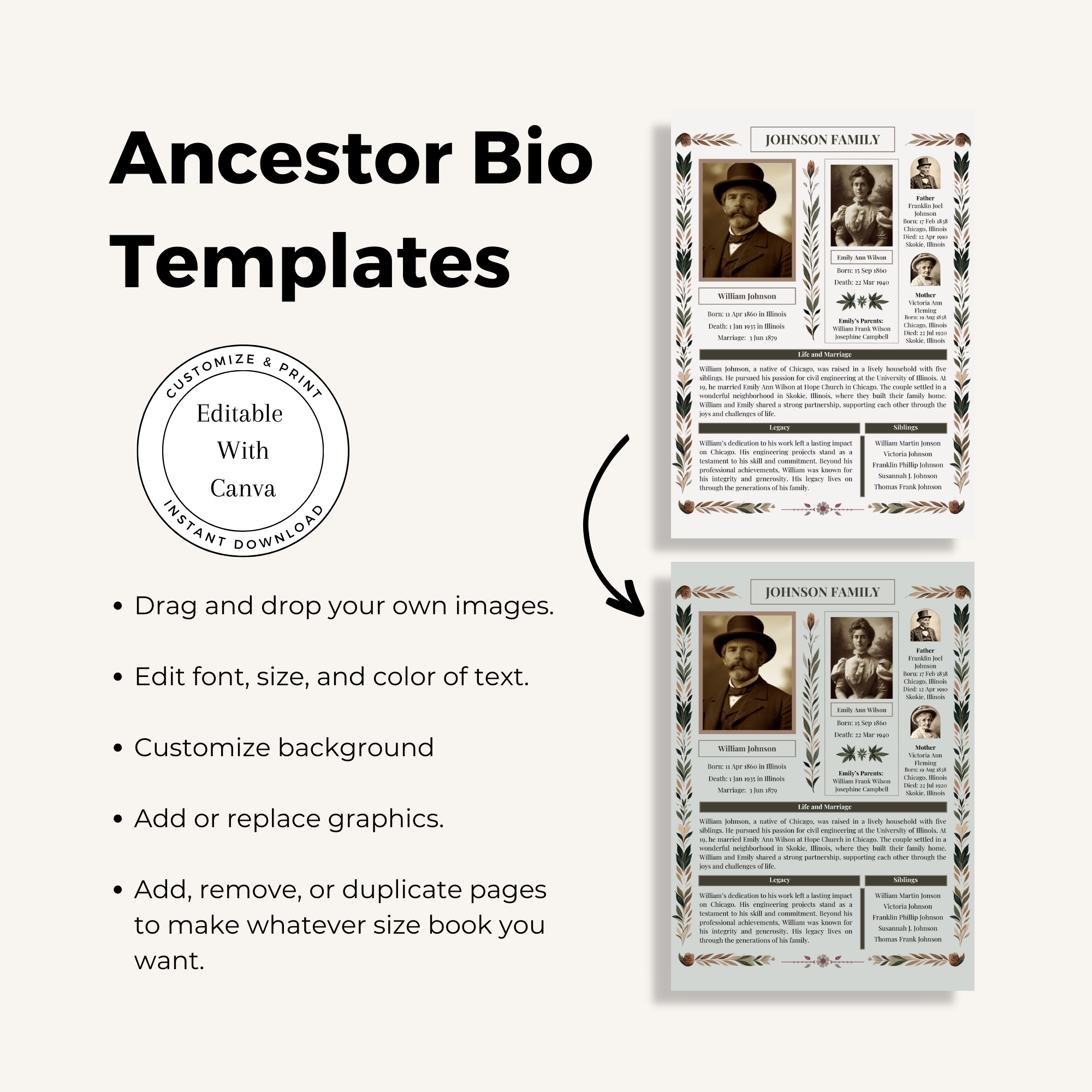 Vintage Ancestor Biography Canva Template Set - Genealogy By Design