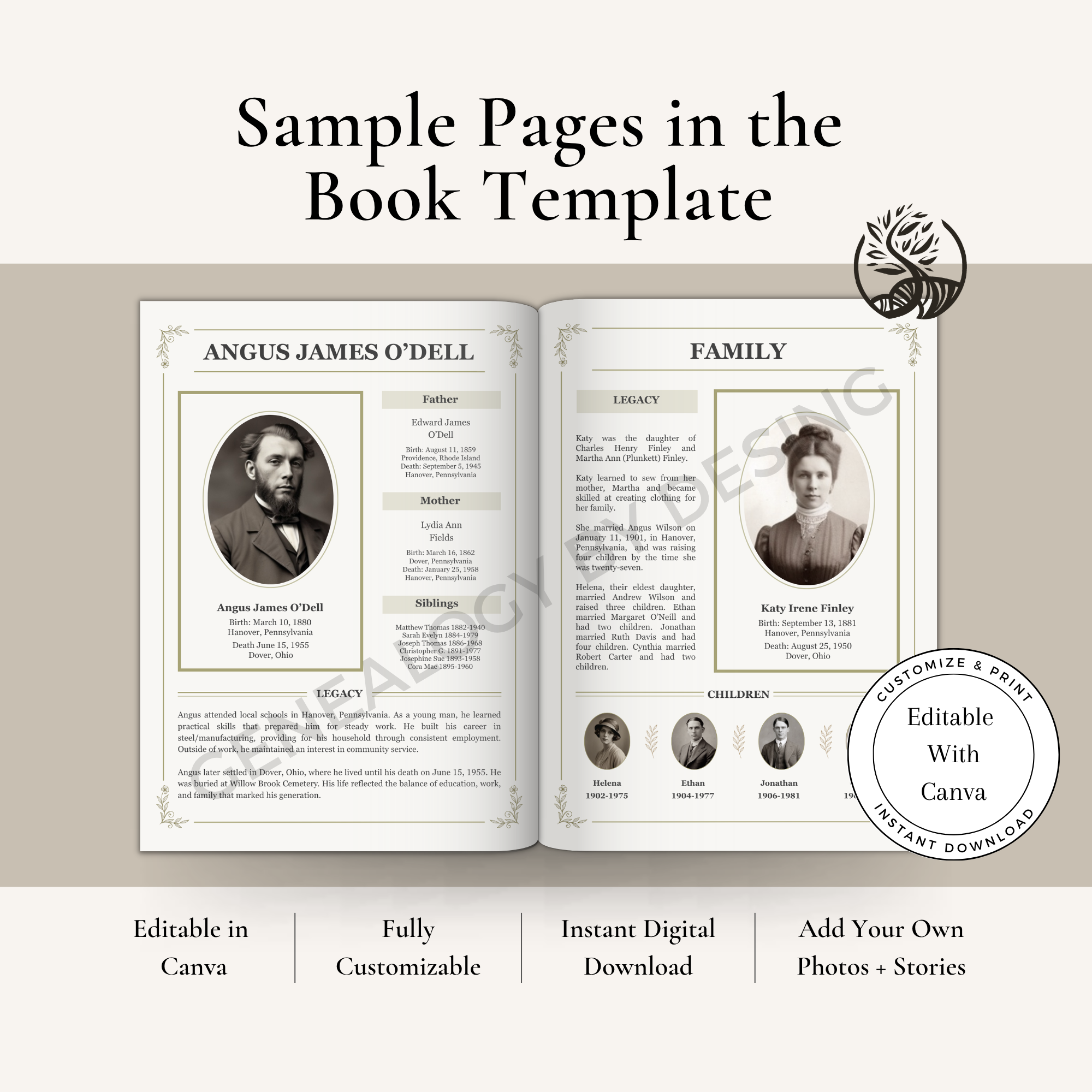 Editable Family History Book Template Canva | Genealogy Book ...
